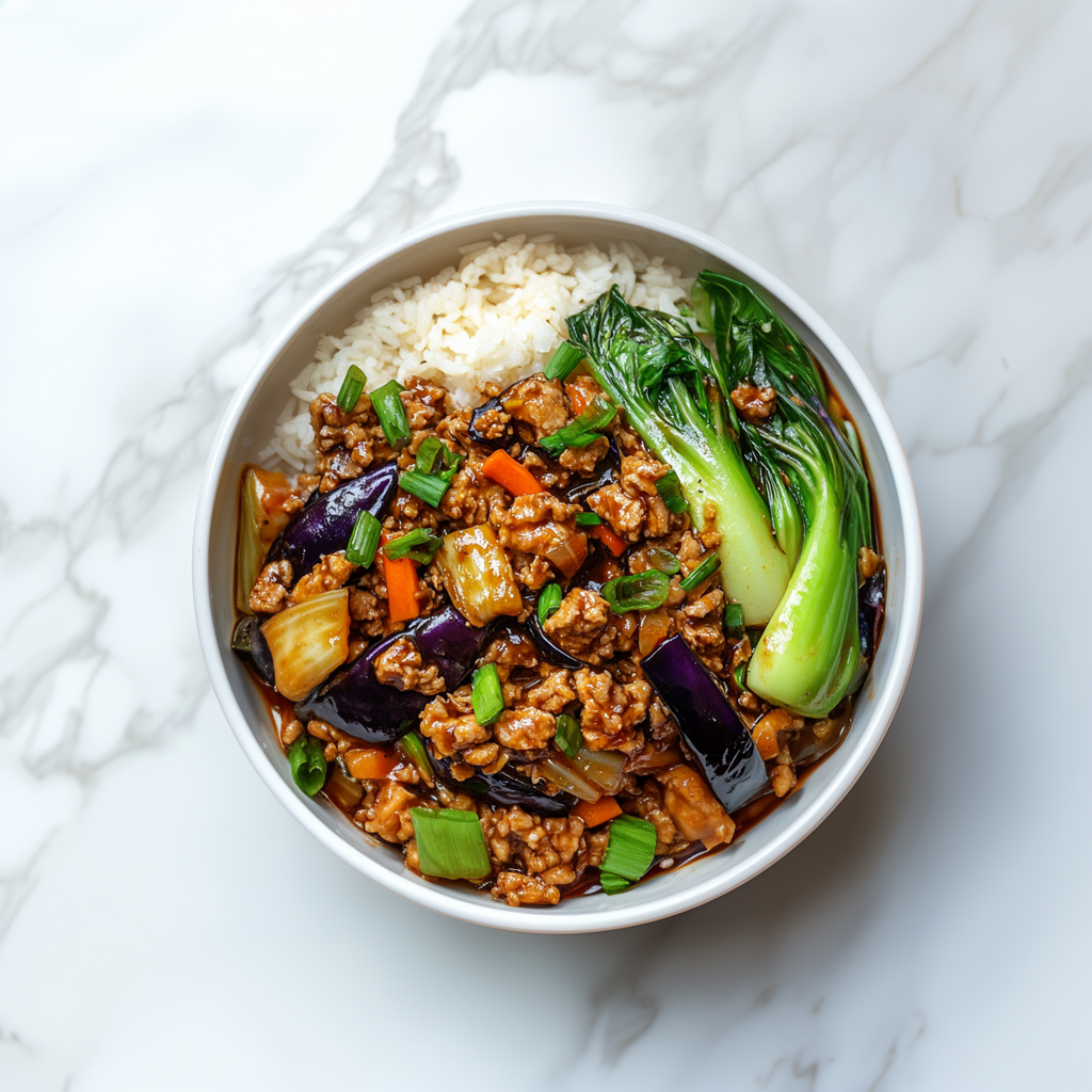 H: Minced Pork and Eggplant Stir-Fry with Multigrain Rice 鱼香茄子配糙米饭 (Ju ...